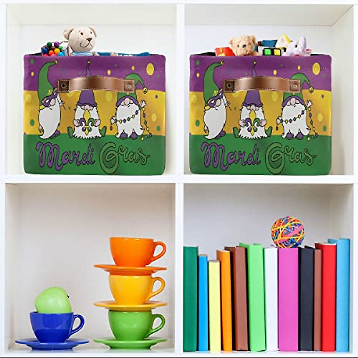 Mardi Gras Gnomes Storage Basket Fabric Laundry Baskets Gold Green Purple Fleur de Lis Mask Beads Confetti Feather Storage Boxes Organizer Bag for Baby Toy Book Storage Cubes Shelf Closet Bins 16×12×8