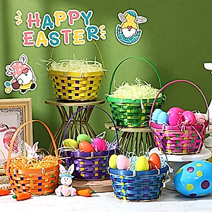 6 Pcs Easter Bamboo Basket with 24 Pcs Plastic Eggs and 480g Raffia Paper Grass, Handmade Woven Easter Basket with Handle for Egg Hunting, Picnic and Party Favors