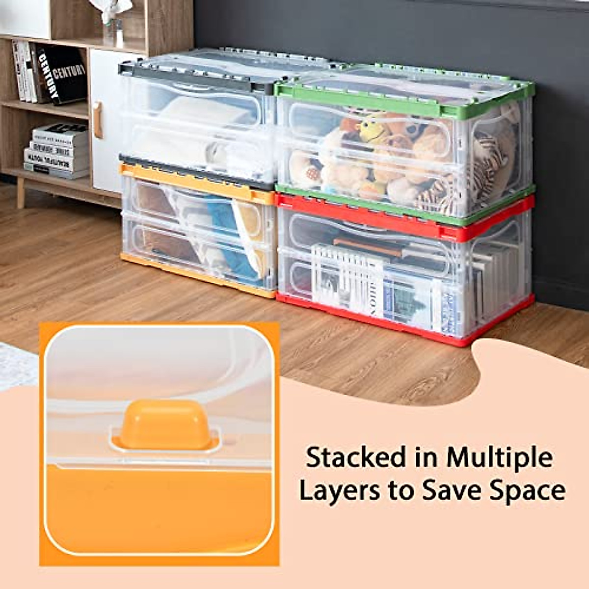 DORTALA 4 Packs 75L Collapsible Storage Bins with Lids, Stackable Utility Crate with Interlock Security Latch, Durable Clear Plastic Containers, Home Foldable Storage Boxes for Bedroom, Dorm, Garage