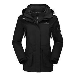 CAMEL CROWN Womens Waterproof Ski Jacket 3-in-1 Windbreaker Winter Coat Fleece Inner for Rain Snow Outdoor Hiking(Black,3XL)
