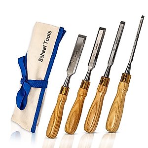 Schaaf Tools 4-Piece Wood Chisel Set | Finely Crafted Wood Chisels for Woodworking | Durable Cr-V Steel Bevel Edged Blade, Tempered to 60HRc | Tool Roll Included