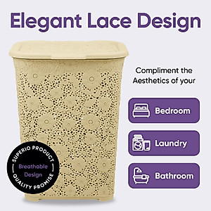 Superio Laundry Hamper with Lid Lace Design 50 Liter – 2 Pack Laundry Hamper Basket with Cutout Handles, Rectangular Shape Modern Style Bin -Dirty Cloths Storage (Beige 2 Pack)