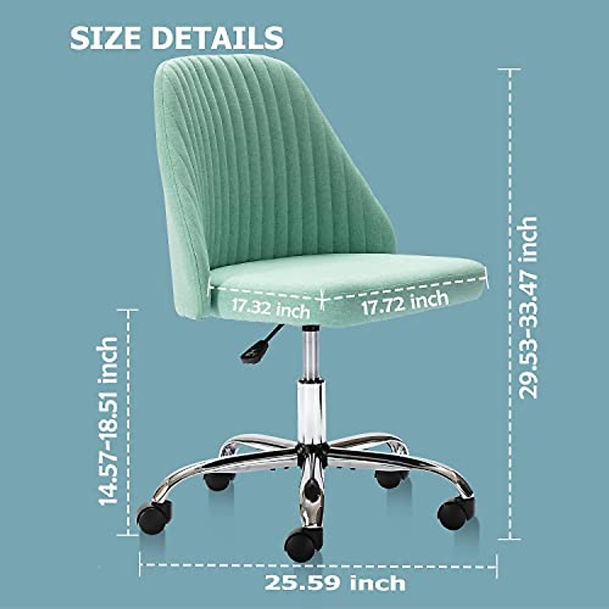 Home Office Desk Chair, Vanity Chair, Modern Adjustable Low Back Rolling Chair, Twill Upholstered Cute Office Chair, Desk Chairs with Wheels for Bedroom, Classroom, Vanity Room (Green)