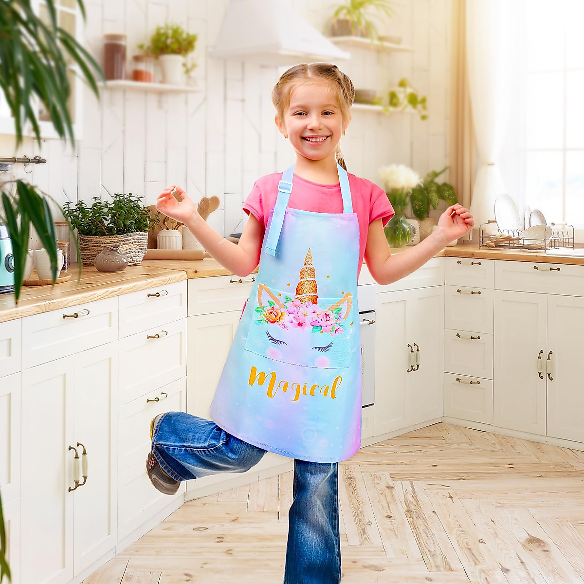 Sylfairy Aprons for Kids Girls Rainbow Unicorn Apron Children Kitchen Chef Aprons Smock (Unicorn B, Small,3-5Years)