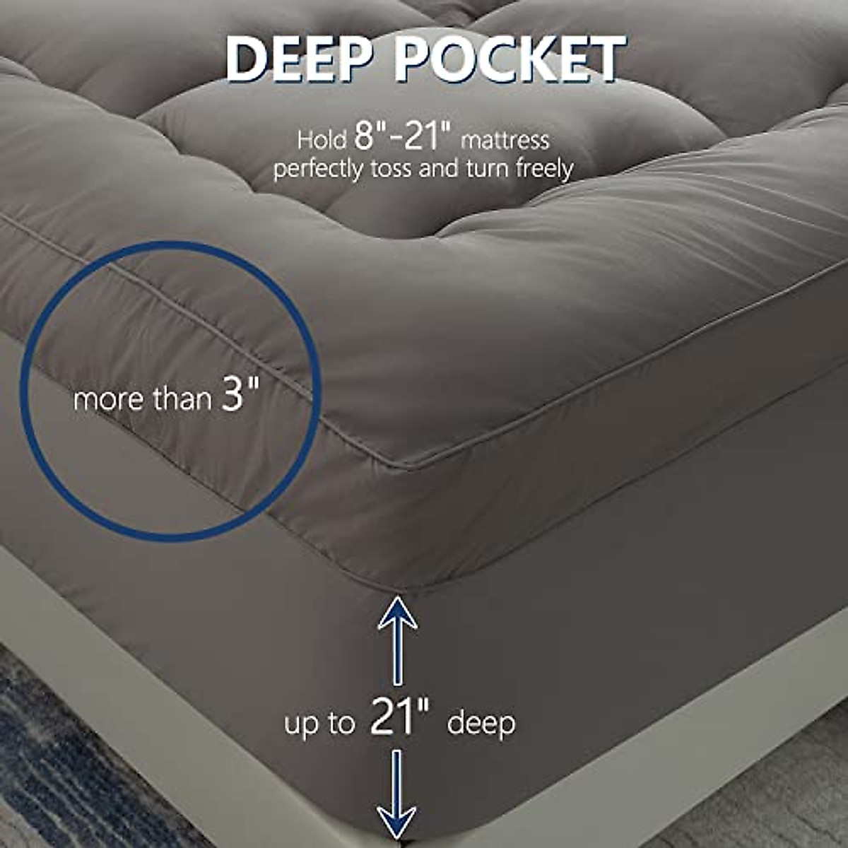 Marine Moon Full Mattress Topper, Cooling Bed Topper Mattress Pad Cover,Thick Plush Pillow Top Mattress Topper for Back Pain Relief, Soft Down Alternative Toppers with Deep Pocket, Grey