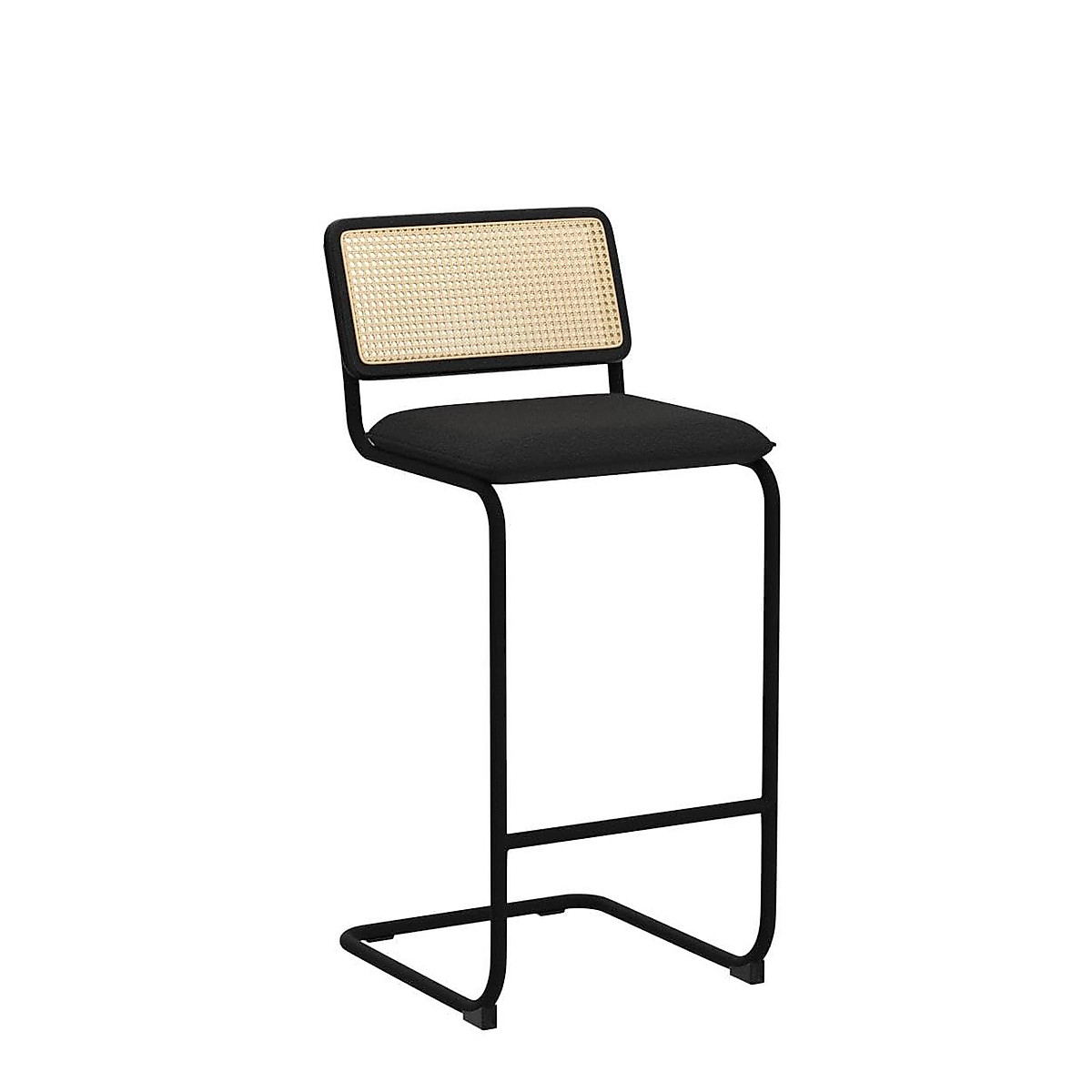 ONEVOG Boucle Rattan Bar Stools Set of 2, 29'' Bar Height Stools with Natural Cane Back, Solid Wood Frame Bar Chairs with Chrome Legs, Cantilevered Design Upholstered Stools, Black