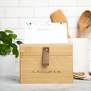Pera Blanca Recipe Box with Cards and Dividers | Recipe Card Box Faux Leather Handle | 50 Eucalyptus Patterned Recipe Cards and Box Set | Wooden Recipe Box | Housewarming Gifts | Wood Recipe Box 4x6