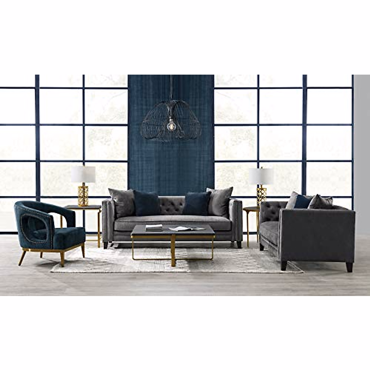 Acanva Luxury Tuxedo Velvet Tufted Track Arm Living Room Sofa, 85”W Couch, Grey