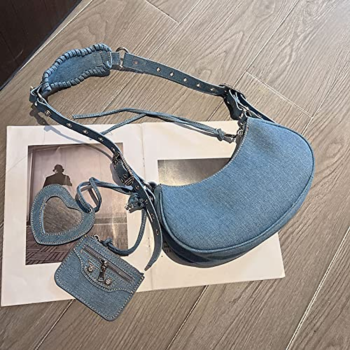 Cross Body Bag Purses for Women Shoulder Bag in Blue Denim With Rhinestons Fashion Rivet Punk Bag