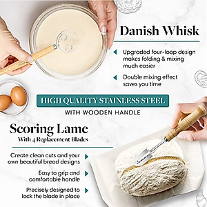 Banneton Bread Proofing Basket Set, 9 Inch Round & 10 Inch Oval Banneton Basket & Sourdough Bread Baking Supplies, with Danish Dough Whisk, Silicone Bread Sling, Linen Liner, Bread Lame, Bowl Scraper