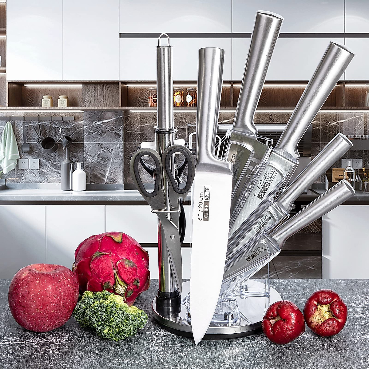 Knife Set, Professional Stainless Steel Chef Knife Set of 9 with Rotatable Acrylic Stand for Kitchen, Ergonomic Ultra Sharp Non-Stick Kitchen Knife set with Gift Box for Women Gifts (Silver)