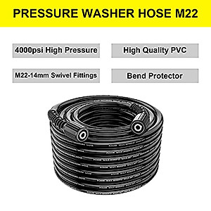 POHIR Pressue Washer Hose 100ft 1/4", 4000 PSI Kink Resistant Heavy Duty High Pressure Power Washing Replacement Hose with M22 Extension Adapter and 4pcs M22 14mm to 3/8 Quick Connect