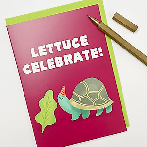 Old English Co. Lettuce Celebrate Card - Cute Funny Tortoise Congratulations Card for Him or Her - Birthday, Exam Results, Graduation for Friends and Family | Blank Inside with Envelope