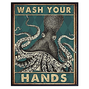 Octopus Nautical Bathroom Wall Art & Decor - Funny Beach Bathroom Decor - Bath Wall Decor - Cute Unique Bathroom Pictures Decorations Poster - Wash Your Hands Sign - Guest Bathroom - Powder Room