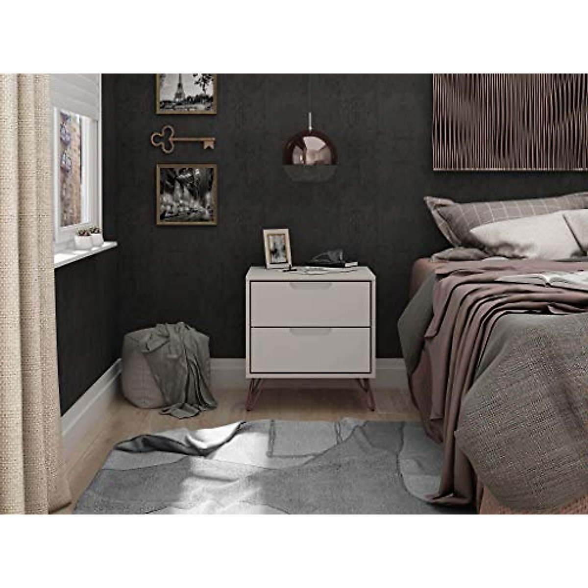 Manhattan Comfort Rockefeller Nightstand with Drawers, Mid Century Modern Bedside Table, Minimalist Display and Storage Organizer, Ideal for Bedroom and Living Room, Off-white
