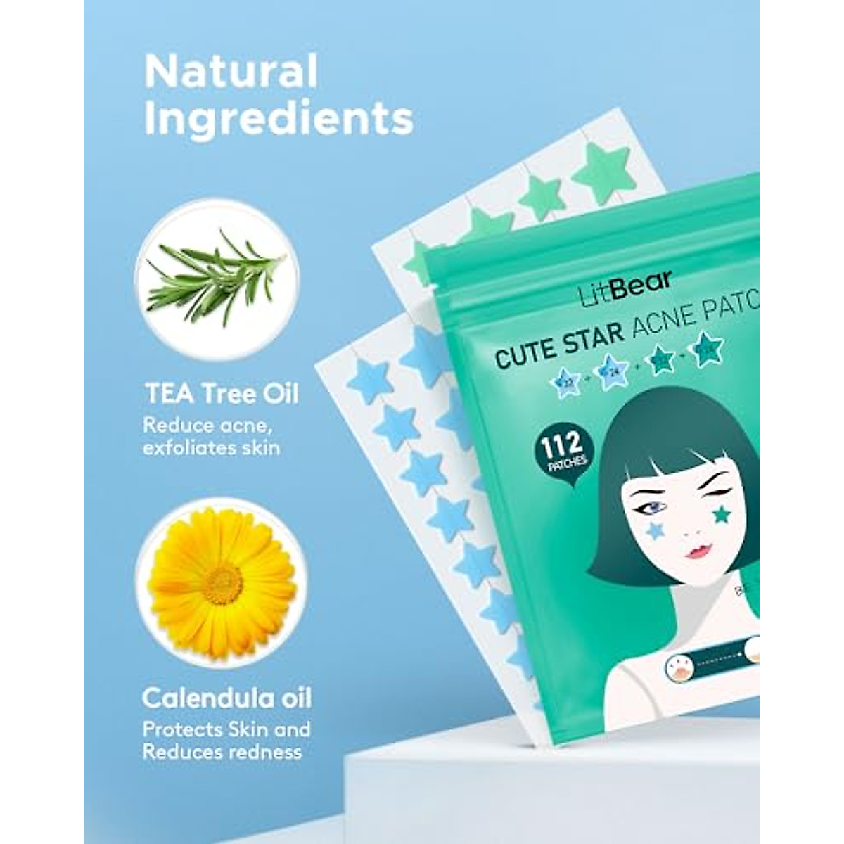 LitBaer Star-Shaped Pimple Patch Hydrocolloid Acne Stickers with Tea Tree Oil + Salicylic Acid, Cover Dot for Acne Blemish, Pimples, Whiteheads, Zit, Draw out Oil & Impurities, 112 Dots, 14mm & 10mm