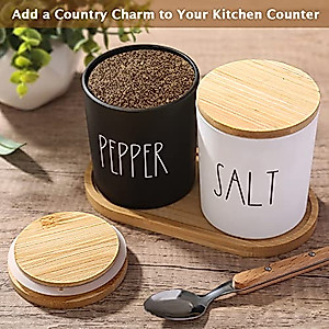 ALPIRIRAL Salt and Pepper Bowls, Salt and Pepper Holder Set with Bamboo Tray, Salt Container with Bamboo Lid, Black and White Salt Cellar, Salt Box for Countertop, Farmhouse Kitchen Decor, Set of 2