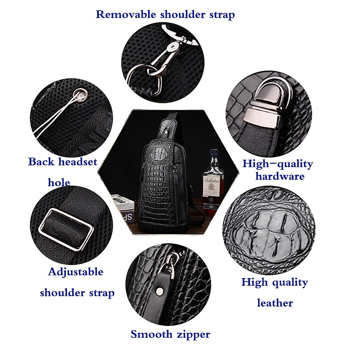 FiveloveTwo Mens Sling Bags Crocodile PU Shoulder Crossbody Chest Bag Satchels Hiking Daypack Dark Brown