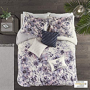 Madison Park Enza 100% Cotton Duvet Beautiful Floral Design All Season, Breathable Comforter Cover Bedding Set, Matching Shams, Full/Queen(90"x90"), Purple 3 Piece