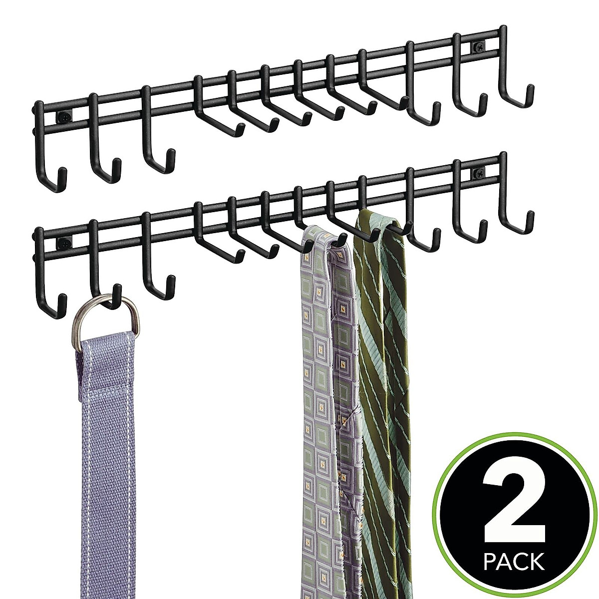 mDesign Closet Wall Mount Metal Accessory Organizer and Storage Center - Modern Slim Holder for Womens and Mens Ties, Belts, Scarves, Sunglasses, Watches - 12 Hooks, 2 Pack, Matte Black