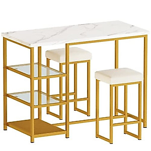 DKLGG 3-Piece Dining Table Set, Counter Height Pub Table with 2 Upholstered Bar Stools/Chairs, Small Space Faux Marble Bar Tabletop Storage Shelves, Breakfast Nook, Gold