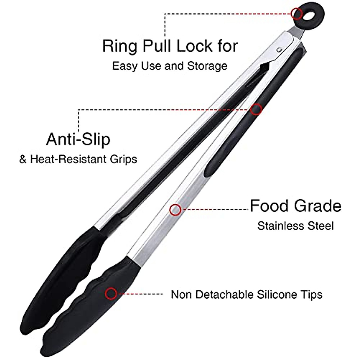 7"+9"+12" Silicone Kitchen Tongs Set, Cooking Tongs with Silicone Tips and Stainless Steel Handle, Heat Resistant Tongs for Grilling Cooking Barbecue Buffet Salad Serving, 7/9/12 Inches (Black)