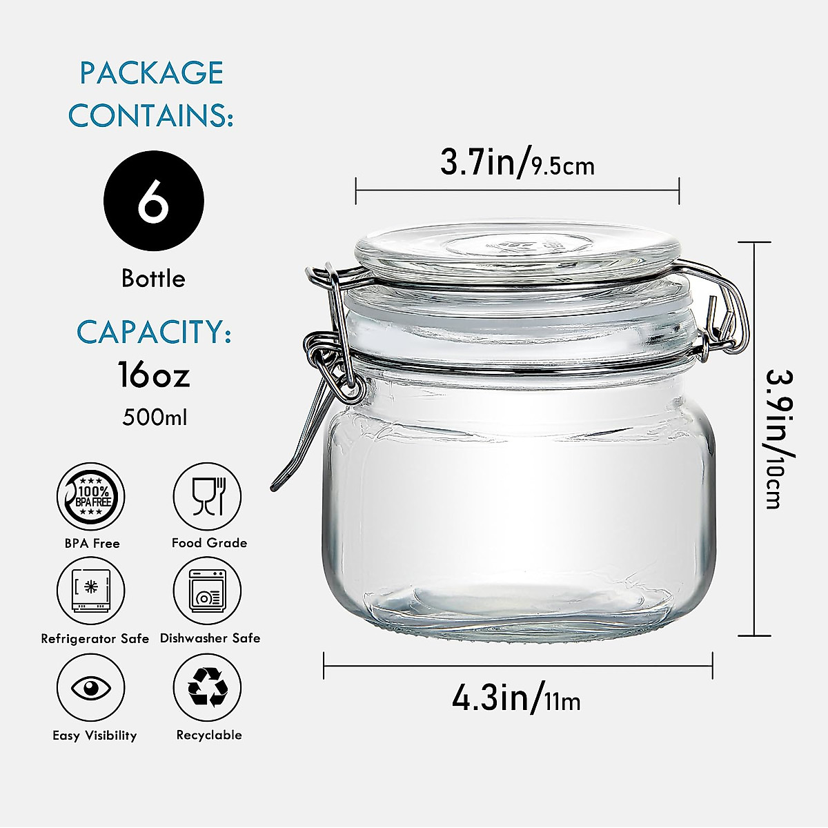 YEBODA 16oz Food Storage Canister Glass Jars with Clamp Airtight Lids and Silicone Gaskets for Multi-Purpose Kitchen Containers - Clear Square (6 Pack)