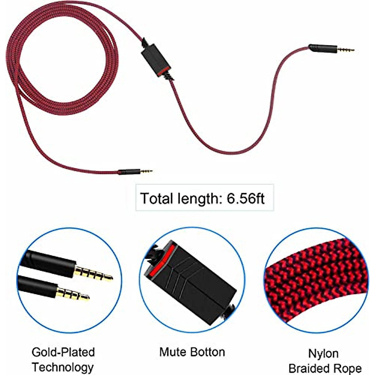 MQDITH 2.0M Replacement Audio Cable Compatible with Astro A40 A40TR Gaming Headset, Inline Mute Wire and No Volume Control Cord (Nylone Cord, Red/Black)