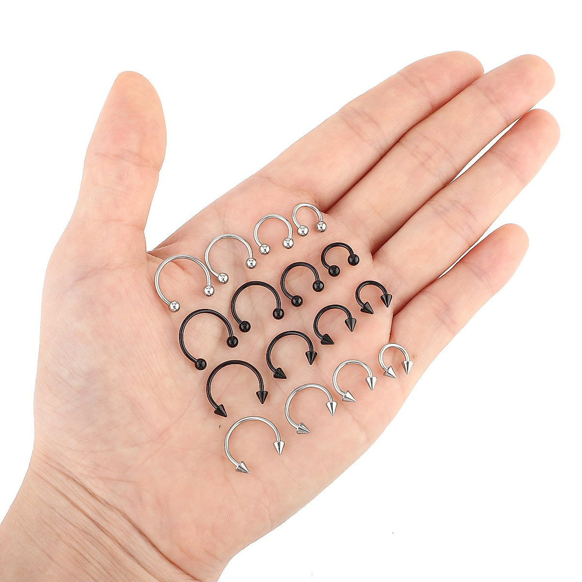 Yolev 16PCS Stainless Steel Nose Ring Septum Piercing Jewellery Horseshoe Piercing Jewelry Captive Bead Ring Helix Tragus Cartilage Earrings for Women Men