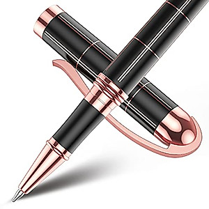 SHALORY Rose Gold Gel Ink Rollerball Pen-Geometric Stripe Style Copper Grip Metal Pens in Gift Box with 1 Extra Refill,Valentine's Day Gifts for Women &Men (Black Ink, 0.7mm Fine Point)