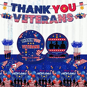 Veterans Day Decorations Tableware 102pcs Patriotic Theme Party Decorations Set Include Thank You Veterans Banner Plates Napkins Cups Forks and Tablecloth for Happy Veterans Day Supplies
