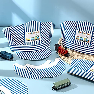 Bonuci 24 Pieces Paper Train Party Hats Train Engineer Hats for Kids Train Party Cosplay, Train Conductor Costume Halloween Blue and White Stripes Train Themed Party Photo Props