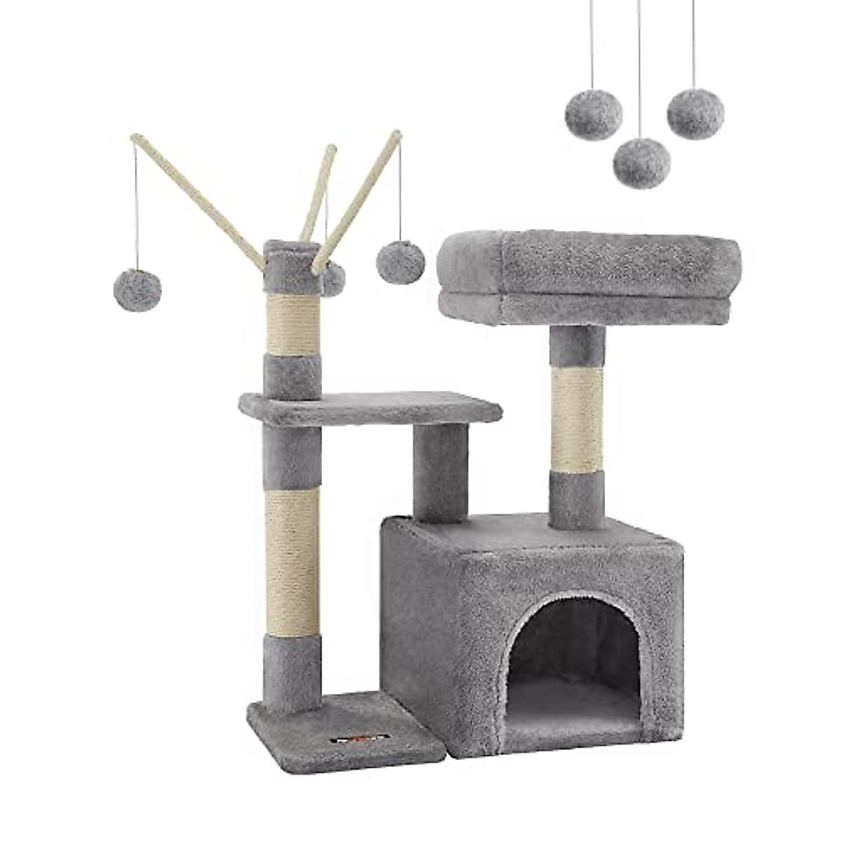 Feandrea Cat Tree, Small Cat Tower with Padded Perch, Cat Cave, 3 Pompoms, Cat Activity Center, Light Gray UPCT121W01