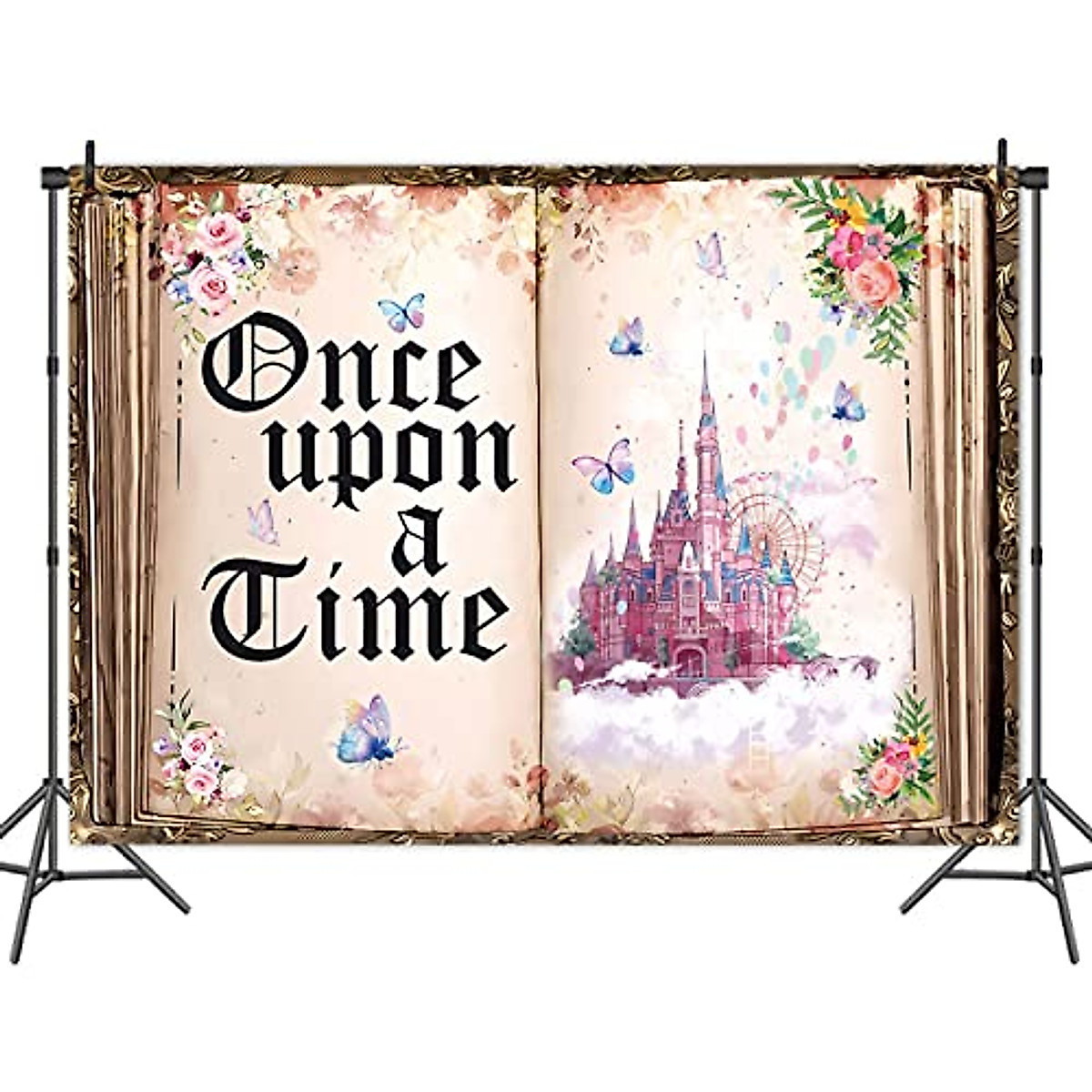 MAQTT Fairytale Book Photography Backdrop 7x5ft Once Upon A Time Backdrop for Girls Birthday Party Decoration Pink Flowers Butterfly and Castal Princess Backdrop for Baby Shower Cake Table Decor