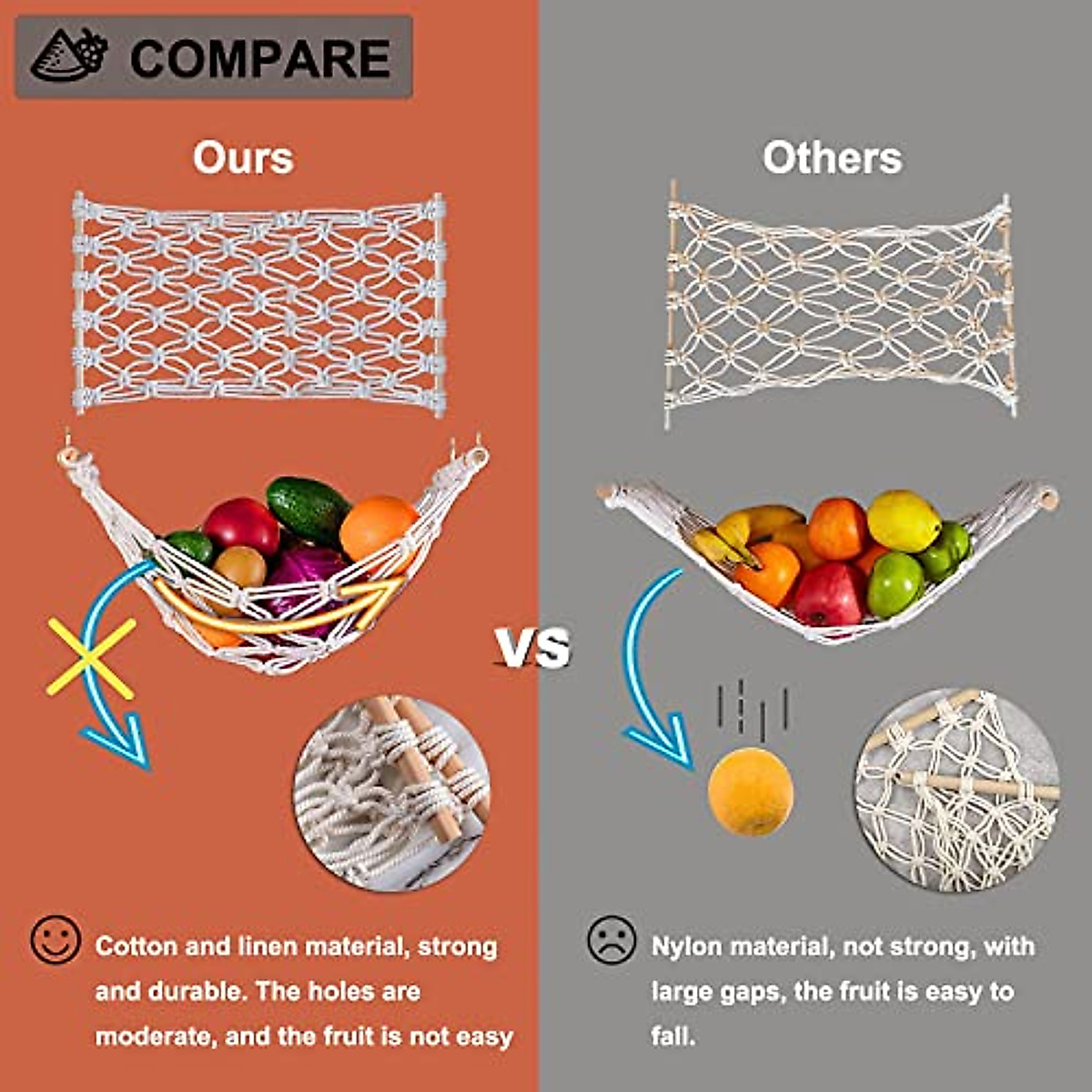 Hanging Fruit Hammock Under Cabinet，Macrame Handwoven Boho Veggie and Fruit Hammock Fruit Holder Net Hanging Kitchen Storage，Includes Banana Hanger And Hook，Saves Counter Space at Home，Boat，or Rv