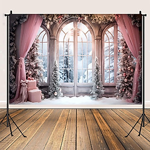 Pink Curtain Winter Xmas Photo Background Christmas Winter Snow Forest Window Photography Background Family Holiday Party Decorations Baby Shower 1st Birthday Backdrop,8X6FT