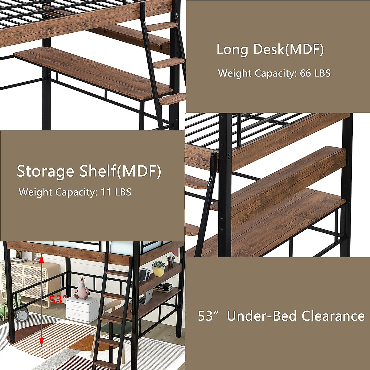 Full Size Loft Bed with Desk and Storage Shelf, Metal Loft Bed Full Size with Wider Ladder and Full Length Guardrail, Full Size Loft Bed for Kids, Teens, Full Size Loft Bed Black+Natural