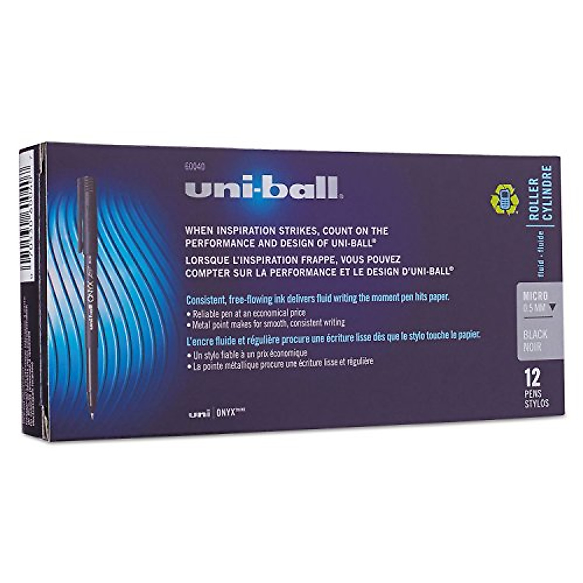 uni-ball 60040 Onyx Roller Ball Stick Dye-Based Pen Black Ink Micro Dozen