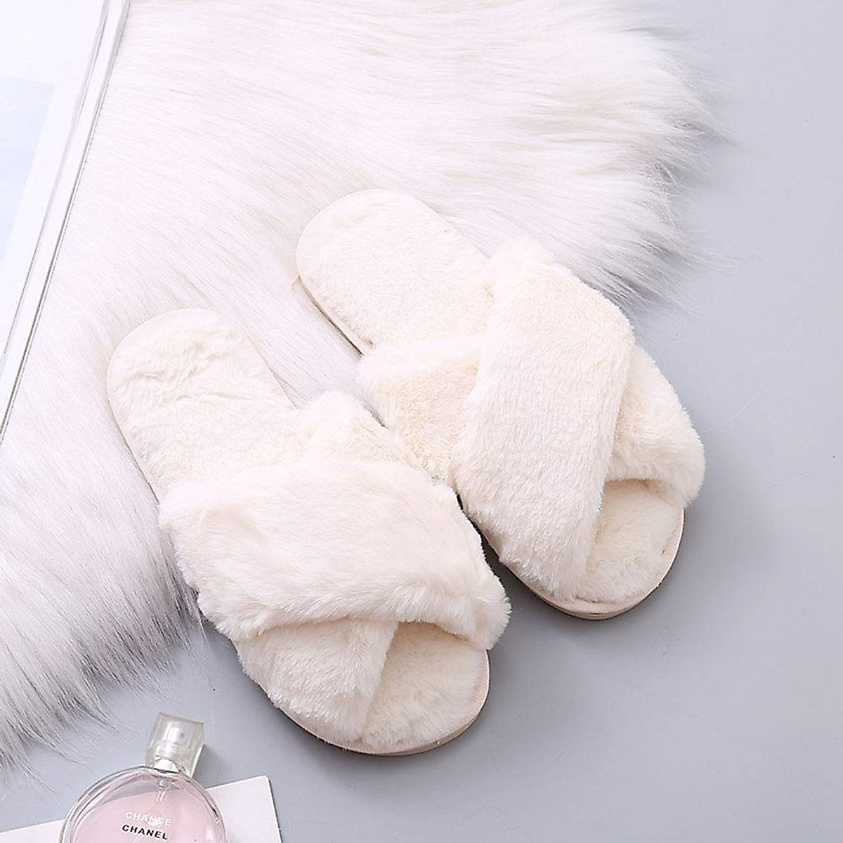 HUMIWA White Cross Slippers Fuzzy Fluffy Faux Fur House SPA Cute Open Toe Slippers for Women Girl/Women8-8.5 Men7-7.5