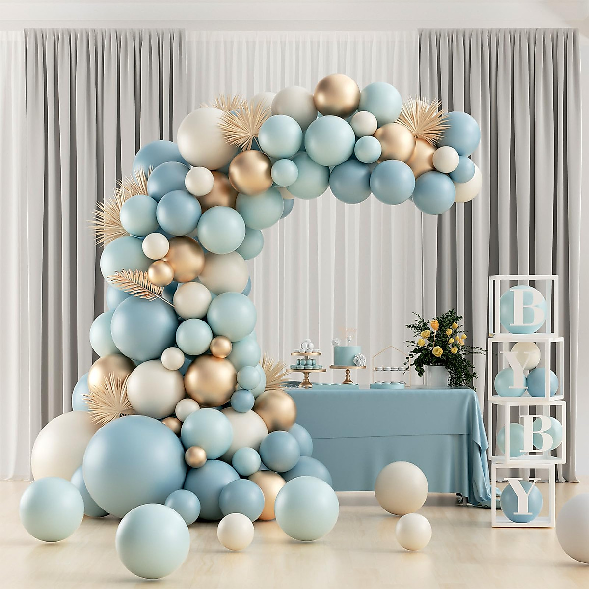 134Pcs Dusty Blue Balloons Arch Garland Kit, Dusty Baby Pastel Blue Chrome Gold Blue Sand White Confetti Balloon for Boy Baby Shower Decorations Bridal Shower Gender Reveal Birthday Party Supplies