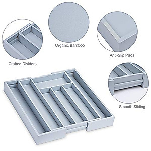 WuGeShop Bamboo Kitchen Drawer Organizer Expandable, Large Flatware Utensil Organizer, Adjustable Silverware Cutlery Tray for Knives, Spoons, Forks (7 Slots, Gray)