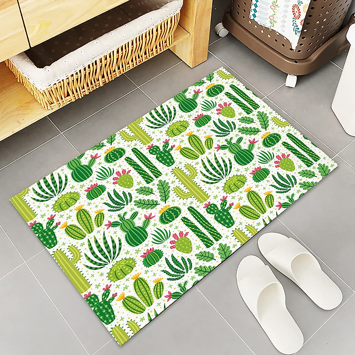 Kitchen Rugs, Cactus Succulent Plants Green Tile Pattern Non Slip Runner Rug Mat for Floor, Kitchen, Bedside, Sink, Office, Laundry, Set of 2
