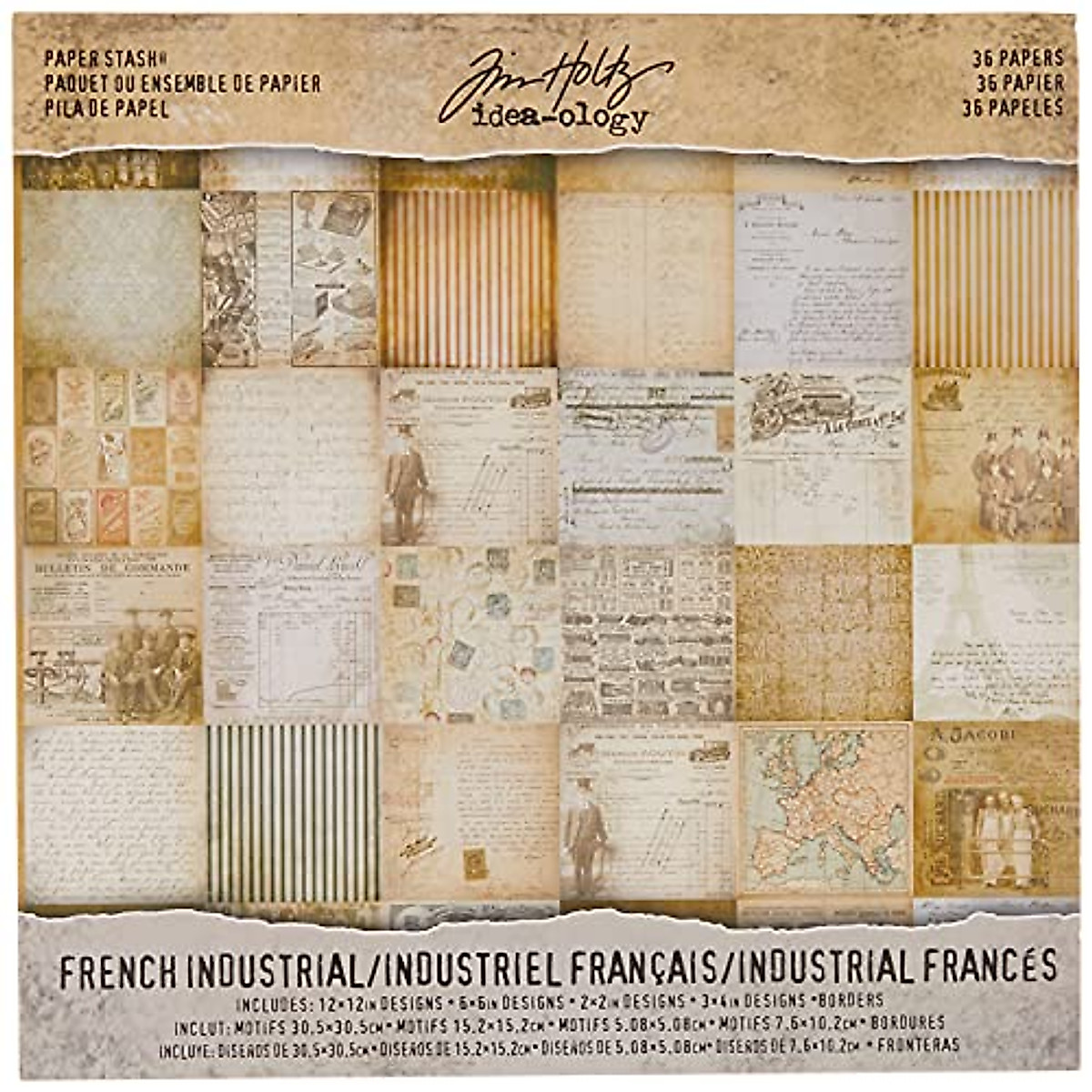 French Industrial Paper Stash by Tim Holtz Idea-ology, 36 Sheets, Double-Sided Cardstock, Various Sizes, Multicolored, TH93052