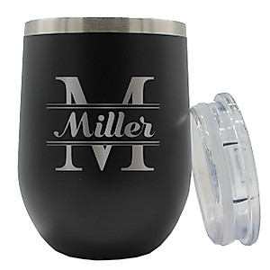 The Wedding Party Store Personalized 12 oz Insulated Stemless Wine Tumbler - Custom Engraved and Monogrammed (Black)