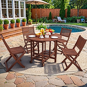 Greesum 5 Piece Patio Dining Set Outdoor Acacia Wood Furniture All-Weather Folding Round Table and Chairs for Backyard,Balcony,Porch,Deck,Garden, Dark Brown