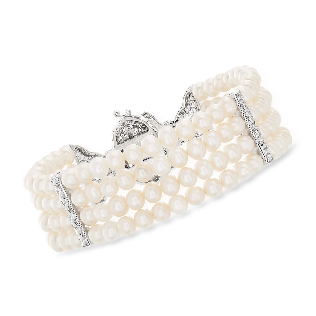 Ross-Simons 4.5-5mm Cultured Pearl and .15 ct. t.w. Diamond Multi-Strand Bracelet in Sterling Silver. 7 inches