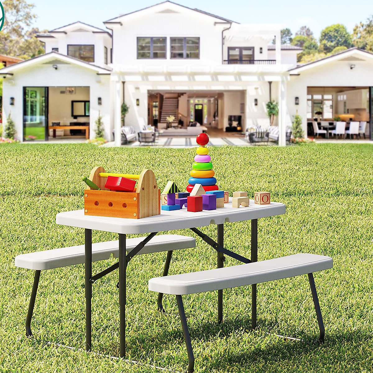 DWVO 37" Picnic Table, Folding Picnic Tables for Outdoors with Weather Resistant Resin Tabletop & Stable Steel Frame for Yard Patio Lawn Party, White