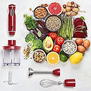 Moss & Stone Hand Blender Electric - With Egg Whisk & Chopper, Powerful 300- Watt - Immersion Hand Blender, Hand Mixer Set Stainless Steel Shaft & Blades, Handheld Blender With Ergonomic Handle, Red Blender