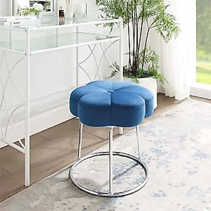 Linon Siena Silver Base Upholstered Flower Shaped Vanity Stool in Navy Velvet