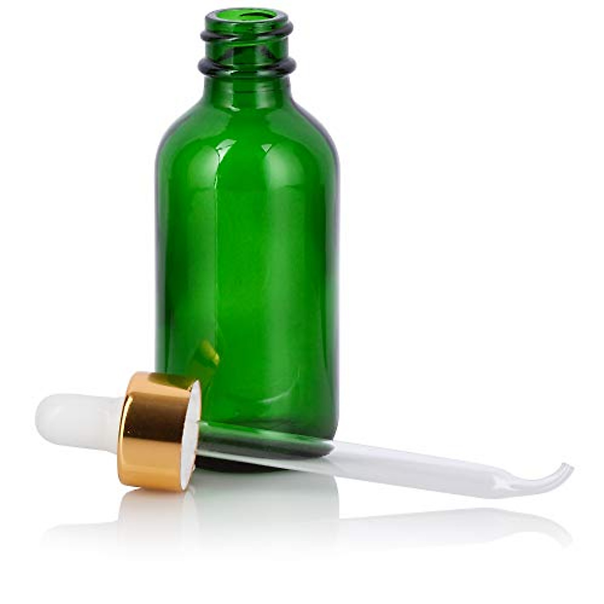 JUVITUS 2 oz / 60 ml Green Glass Boston Round Bottle Luxury Gold Metal Dropper (12 Pack) + Funnel